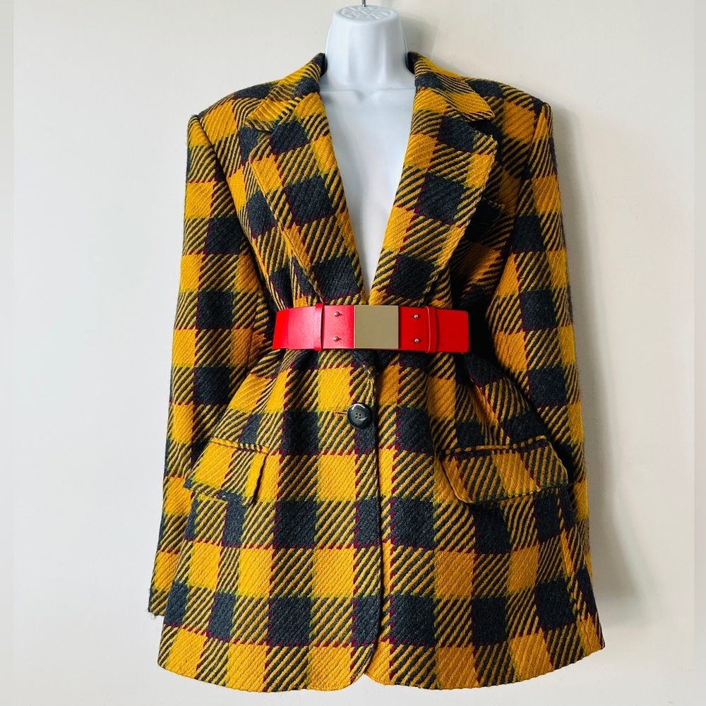 Vintage Wool Yellow & Black Checker Print Plaid Blaze… - Gem